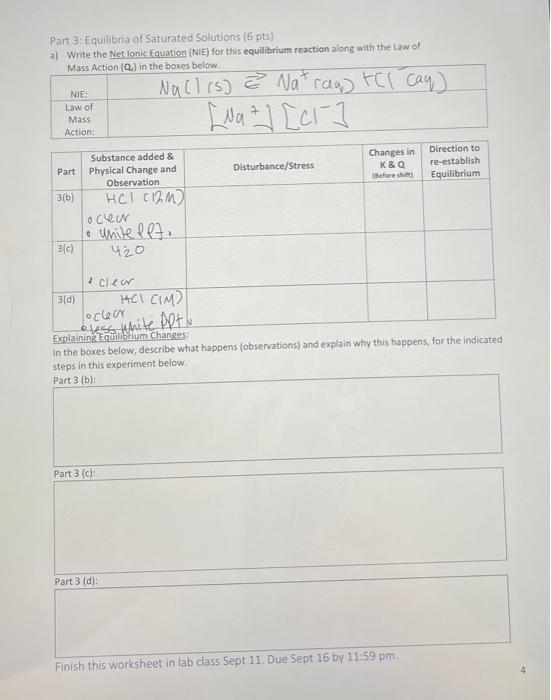 Solved Part 3: Equilibria of Saturated Solutions (6 pts) a) | Chegg.com