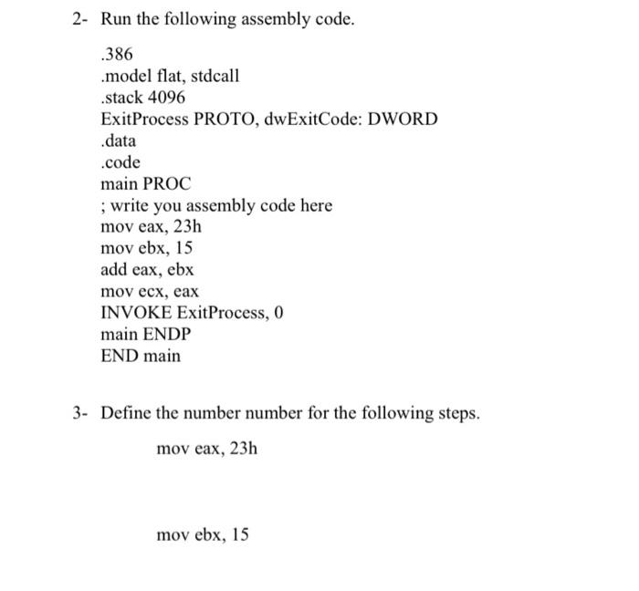 Solved 2- Run the following assembly code. .386 model flat, | Chegg.com
