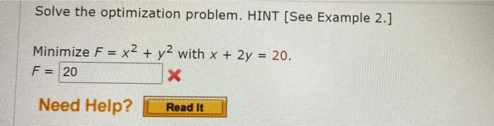 Solved Solve the optimization problem. HINT (See Example 2.] | Chegg.com