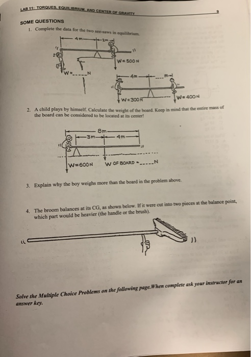 Solved LAB 11: TORQUES,EQUILIBRIUM AND CENTER OF GRAVITY | Chegg.com