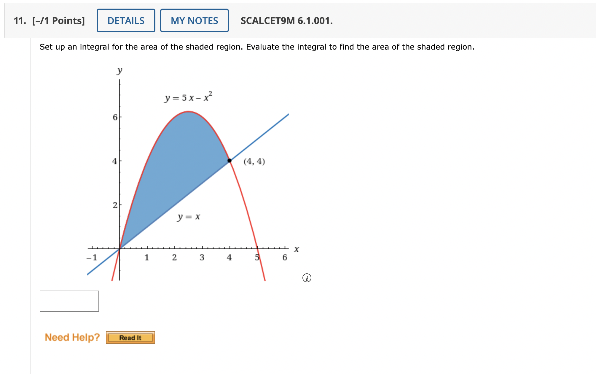 Solved [-/1 ﻿Points]SCALCET9M 6.1.001.Set up an integral for | Chegg.com