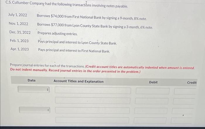 Solved C.S. Cullumber Company had the following transactions | Chegg.com