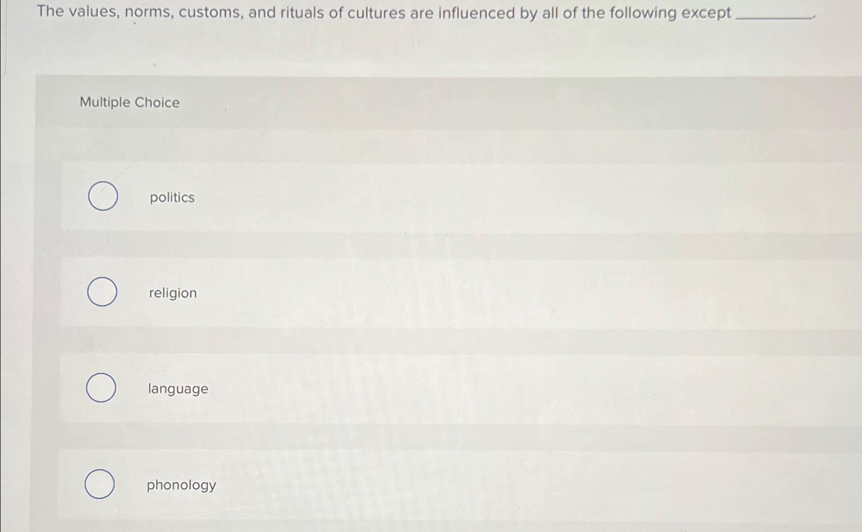 Solved The values, norms, customs, and rituals of cultures | Chegg.com