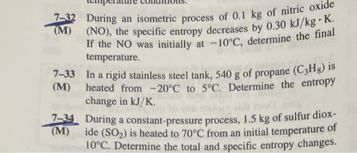 Solved 7-32 During an isometric process of 0.1 kg of nitric | Chegg.com