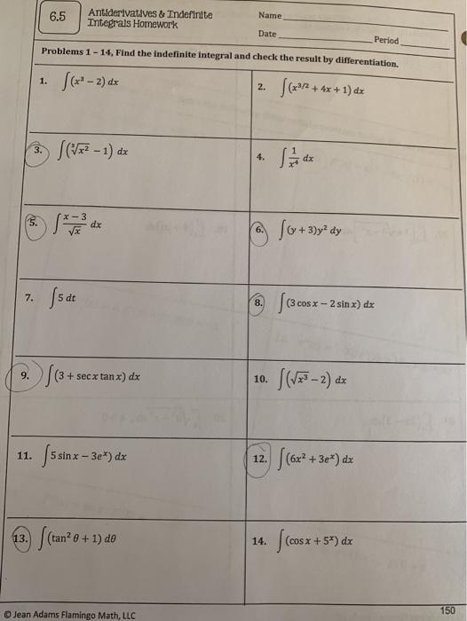Solved 6.5 Antiderivatives & Indefinite Integrals Homework | Chegg.com