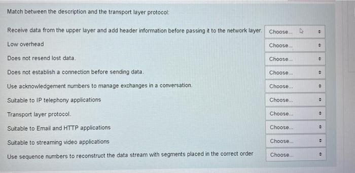 Solved Match between the description and the transport layer | Chegg.com
