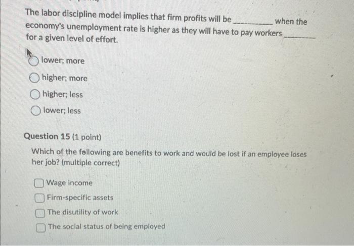 Solved The labor discipline model implies that firm profits | Chegg.com