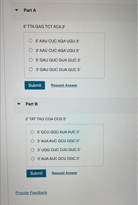 Solved Part A 5'TTA GAG TCT ACA 3 O 5'AAU CUC AGA UGU 3' O | Chegg.com