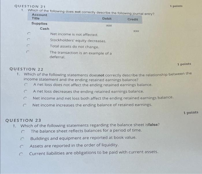 Solved QUESTION 21 1 peints QUESTION 22 1 points 1. Which of | Chegg.com