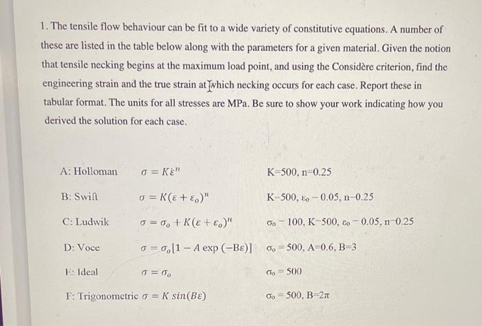 Solved 1. The tensile flow behaviour can be fit to a wide | Chegg.com