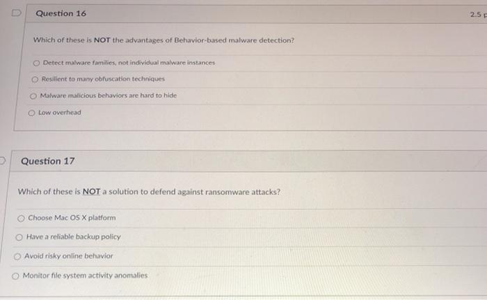 Solved Question 15 2.5 pts In a signature-based AV, what | Chegg.com