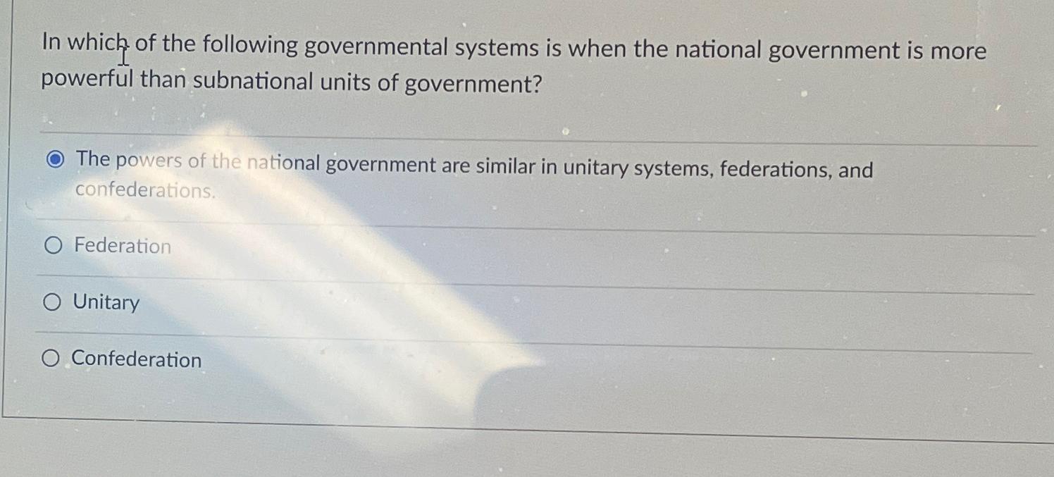 Solved In which of the following governmental systems is | Chegg.com