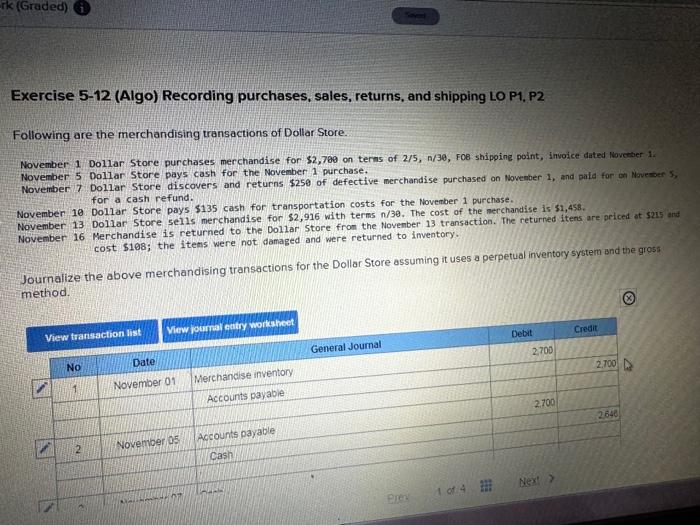 Solved Exercise 5-12 (Algo) Recording purchases, sales, | Chegg.com Solved Exercise 5-12 (Algo) Recording purchases, sales, | Chegg.com