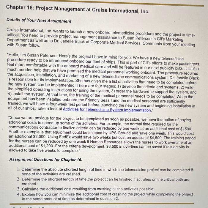 Solved Chapter 16: Project Management at Cruise | Chegg.com