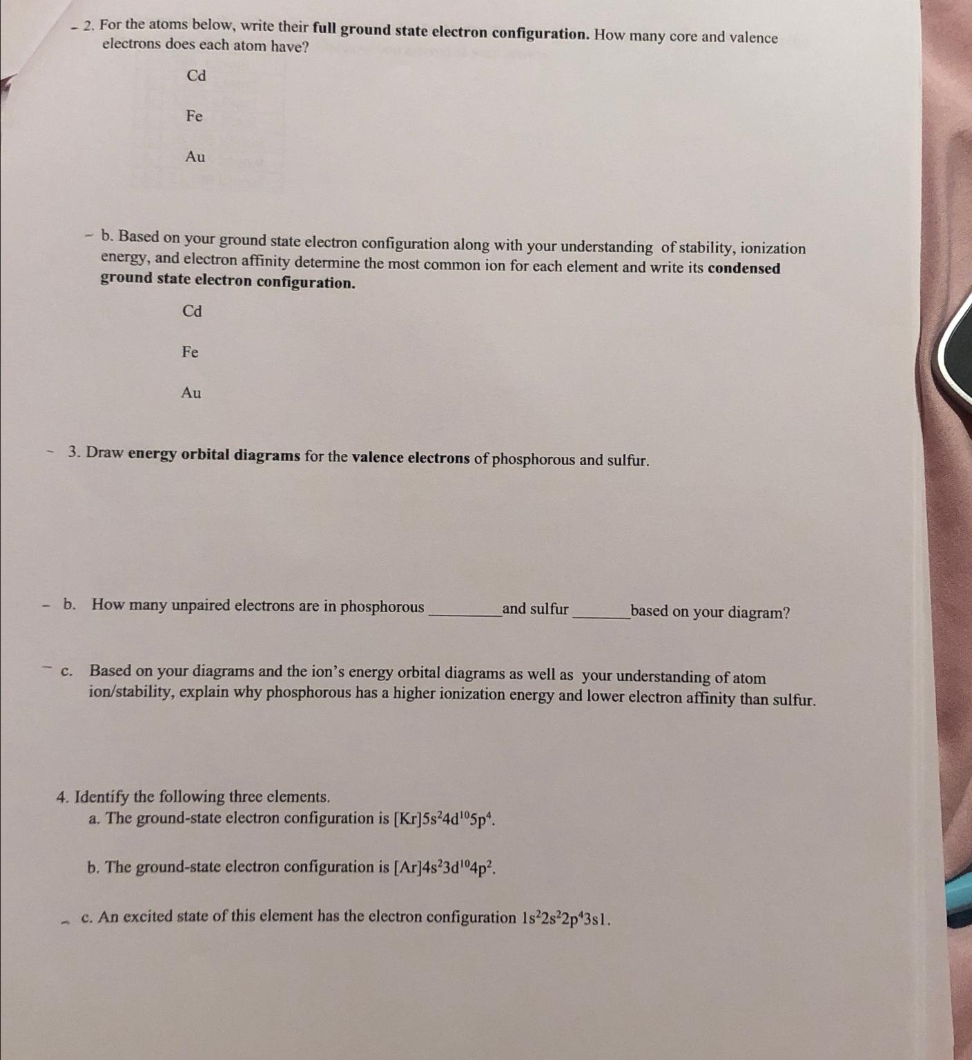 Solved For The Atoms Below Write Their Full Ground State