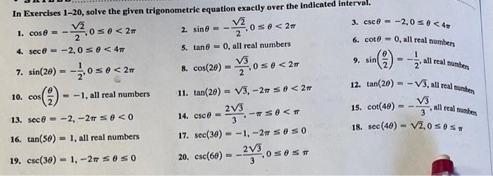 Solved In Exercises 1-20, solve the given trigonometric | Chegg.com