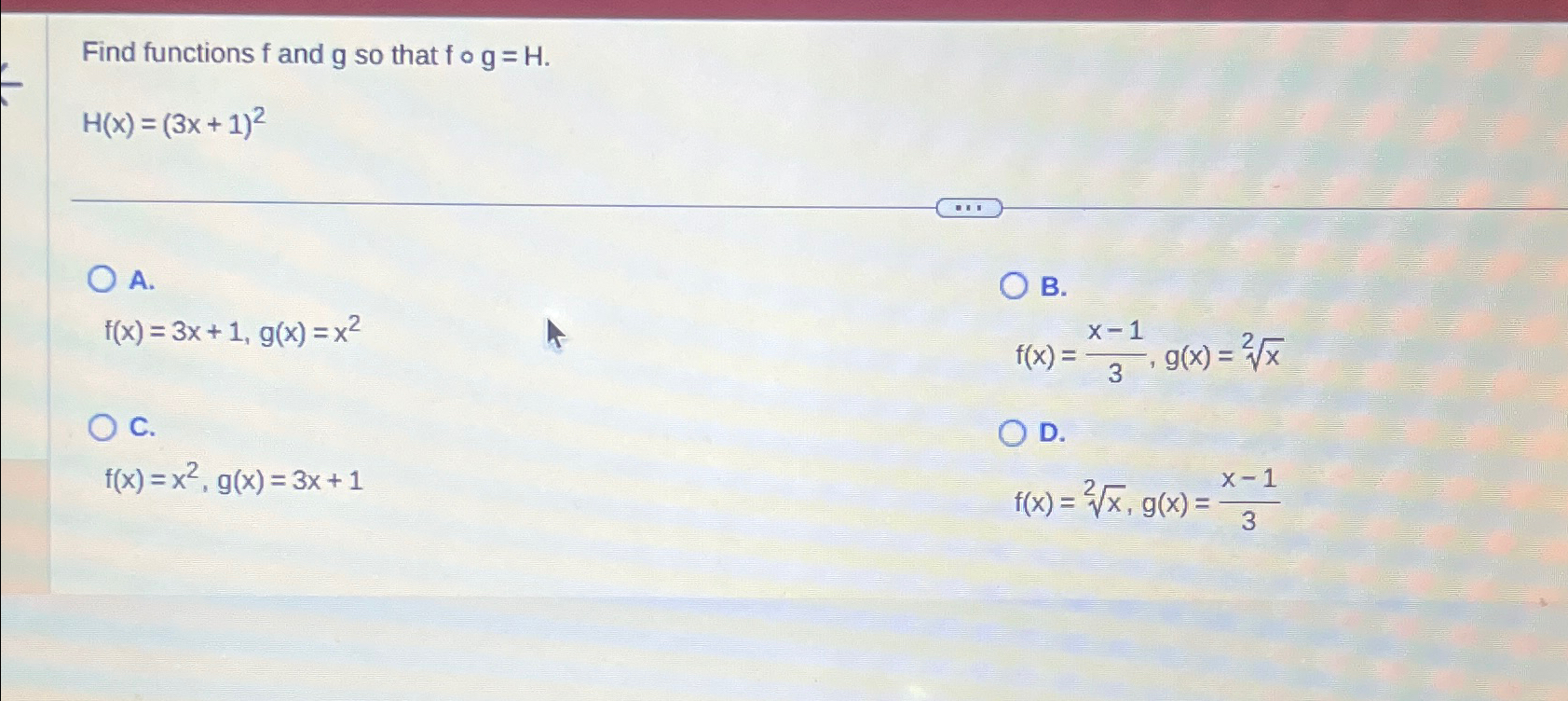 Solved Find functions f ﻿and g ﻿so that | Chegg.com