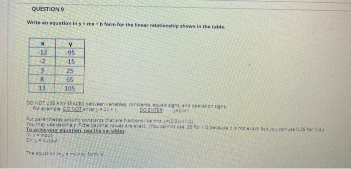 Solved QUESTION 9 Write an equation in y = mx + b form for | Chegg.com