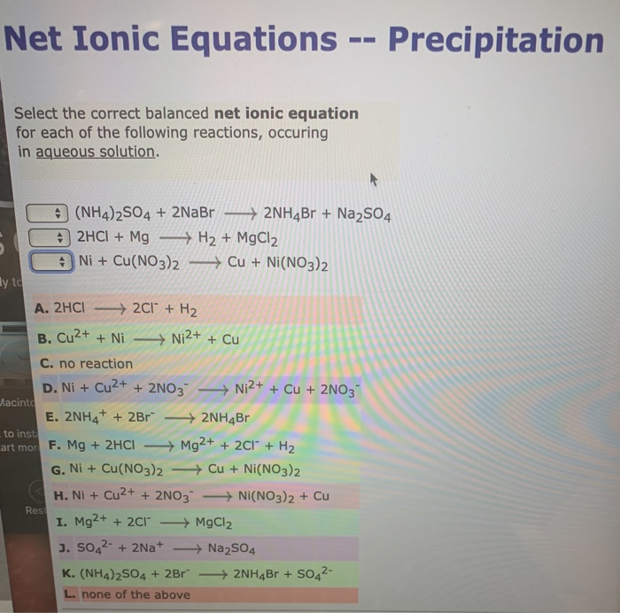 Solved Net Ionic Equations -- Precipitation Select the | Chegg.com