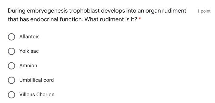 Solved 1 point During embryogenesis trophoblast develops | Chegg.com