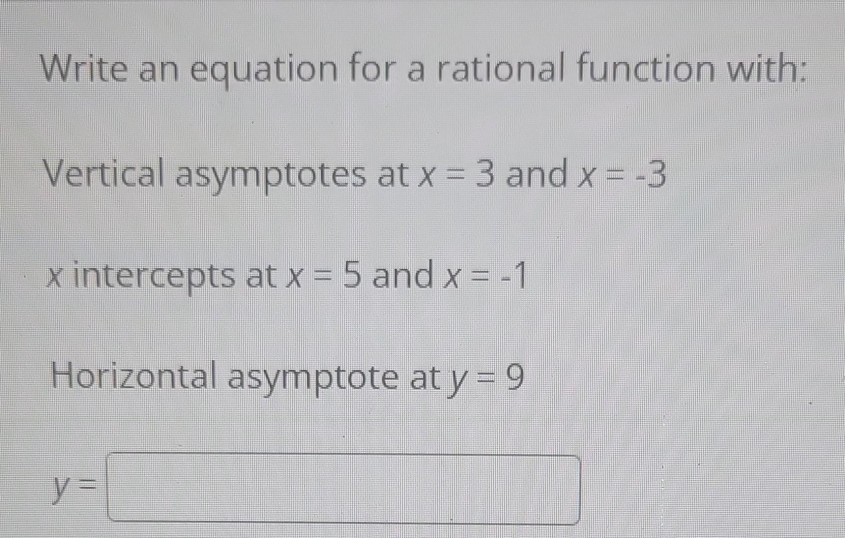 Solved Write an equation for a rational function with: | Chegg.com