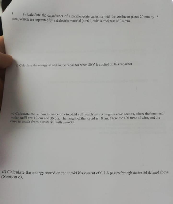 Solved 5. a) Calculate the capacitance of a parallel-plate | Chegg.com