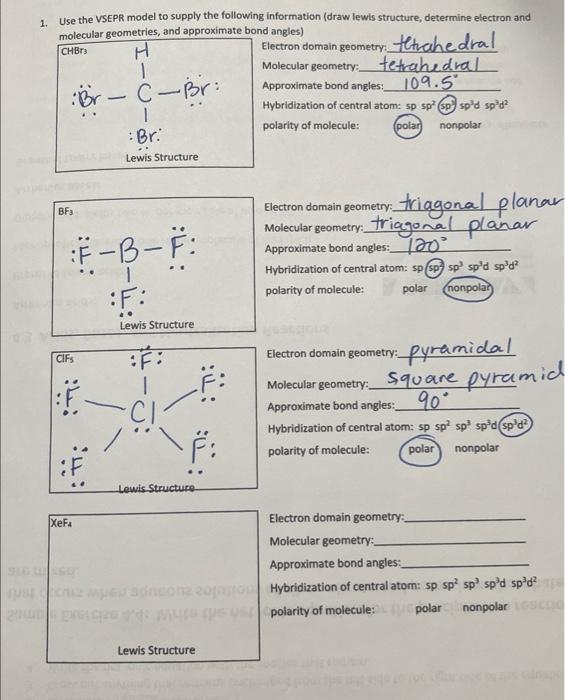 Solved 1. Use the VSEPR model to supply the following | Chegg.com