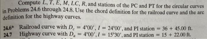 Solved Compute L,T,E,M,LC,R, and stations of the PC and PT | Chegg.com