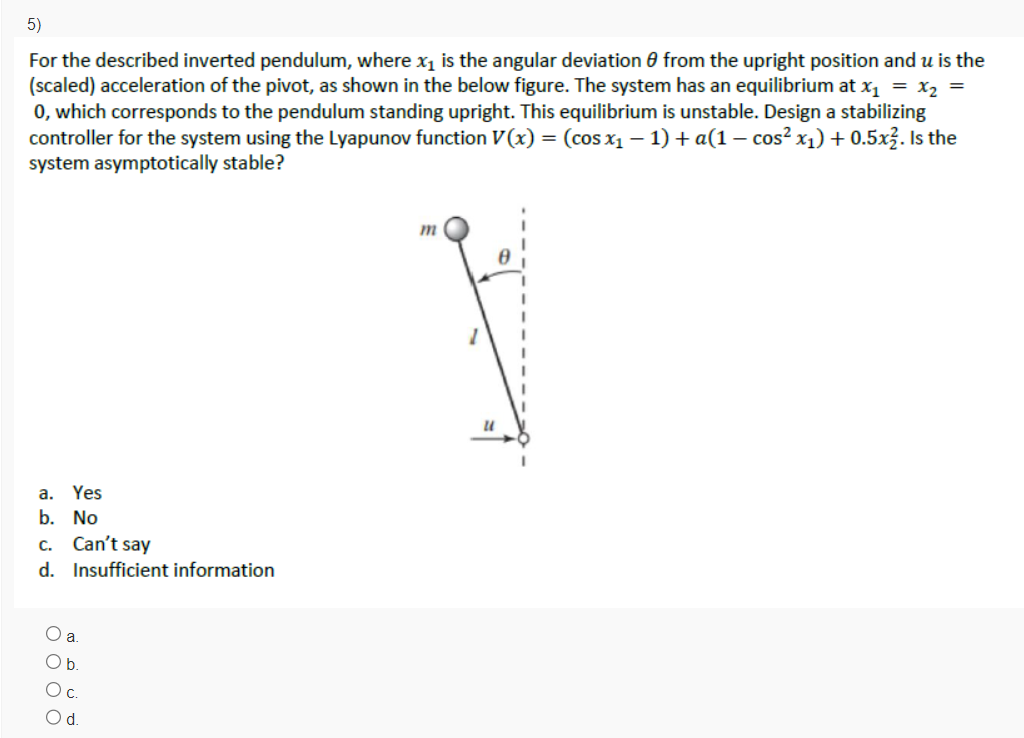 Solved For the described inverted pendulum, where x1 ﻿is the | Chegg.com