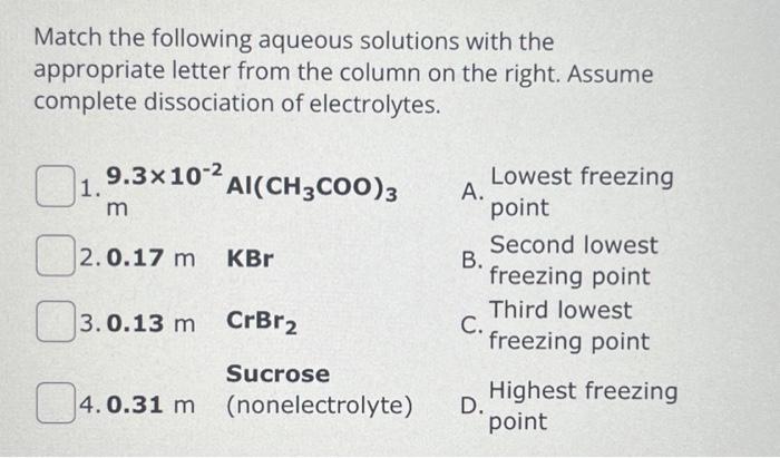 Solved Match the following aqueous solutions with the | Chegg.com