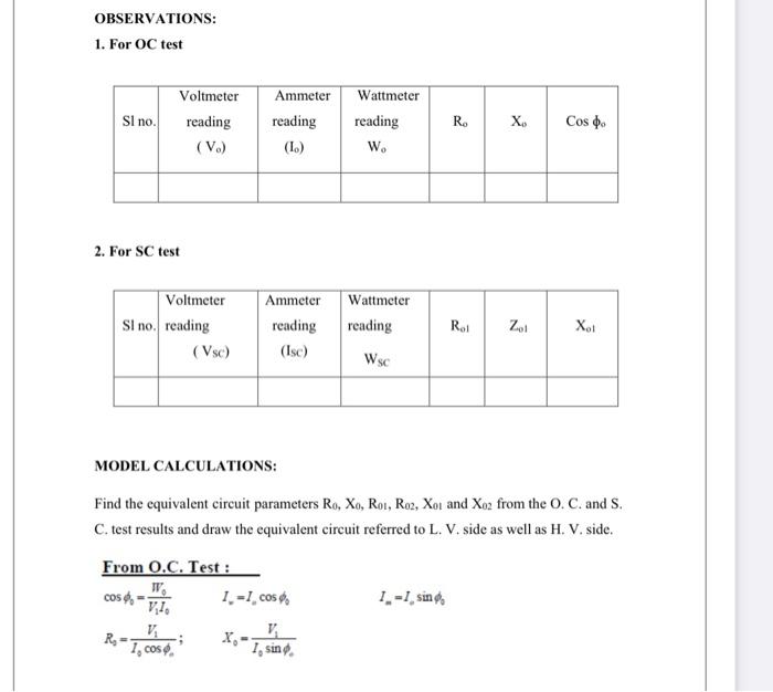 Solved EXPERIMENT 1: OPEN CIRCUIT \& SHORT CIRCUIT TEST ON A | Chegg.com