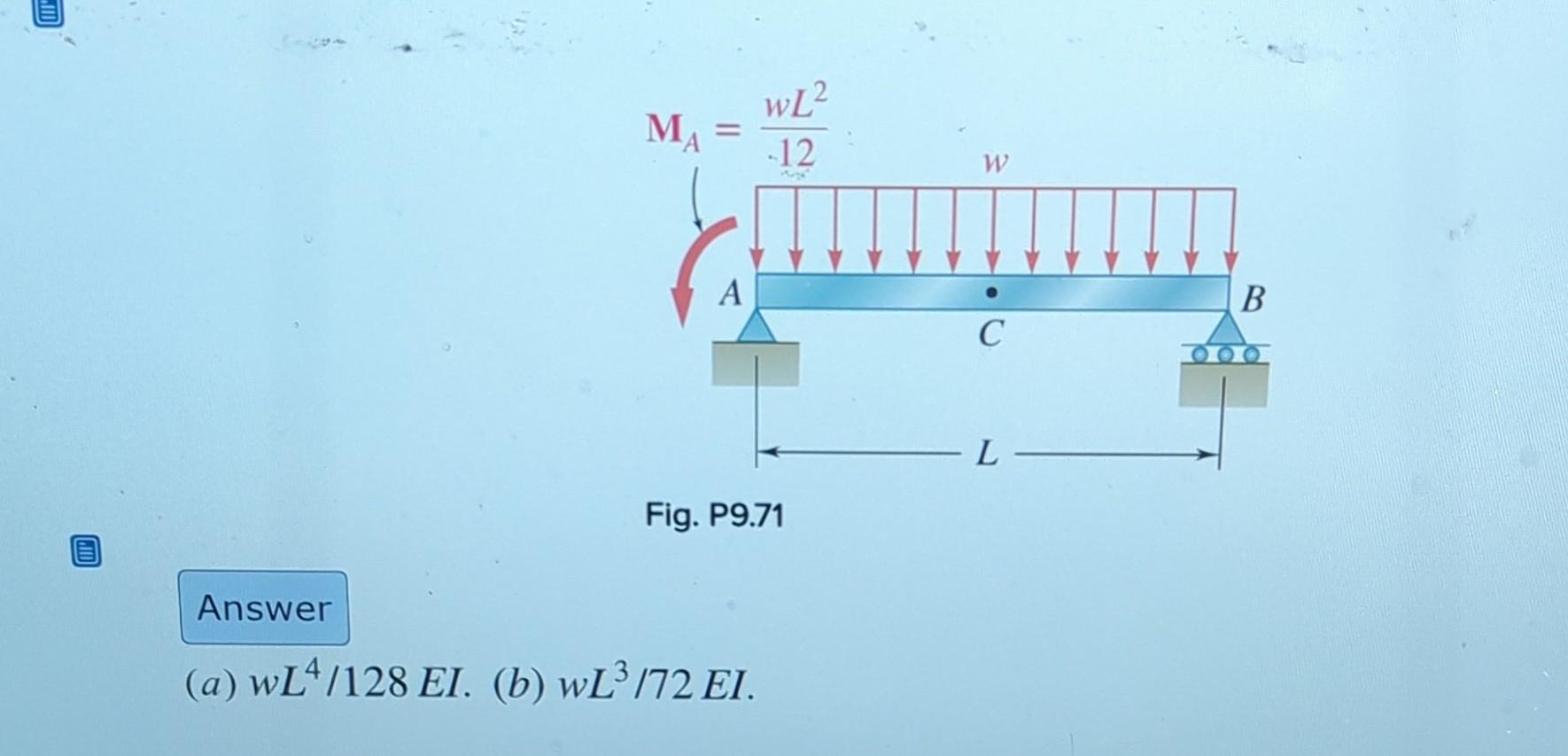 Solved a) wL4/128EI. (b) wL3/72EI.9.69 through 9.72 For the | Chegg.com