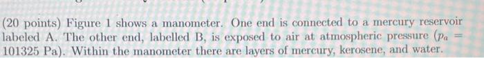 Solved (20 points) Figure 1 shows a manometer. One end is | Chegg.com