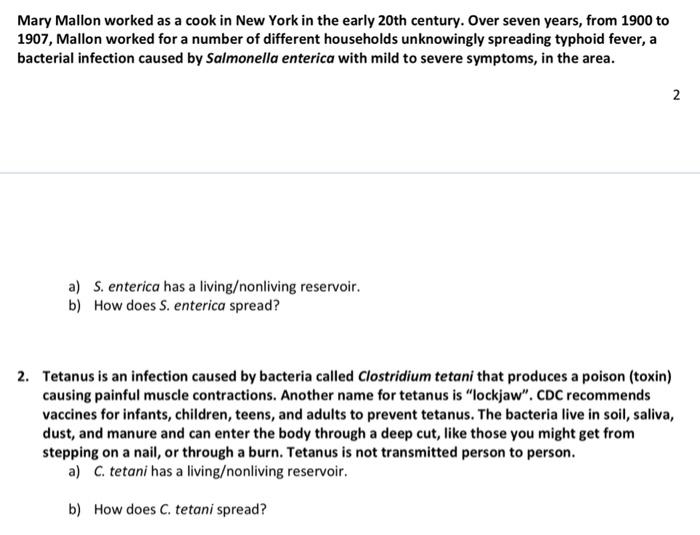 Solved Mary Mallon worked as a cook in New York in the early | Chegg.com