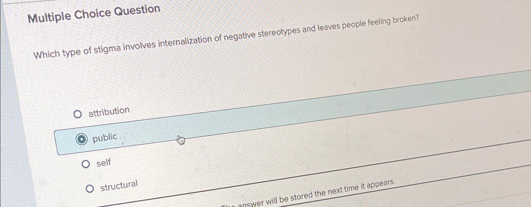 Solved Multiple Choice QuestionWhich type of stigma involves | Chegg.com