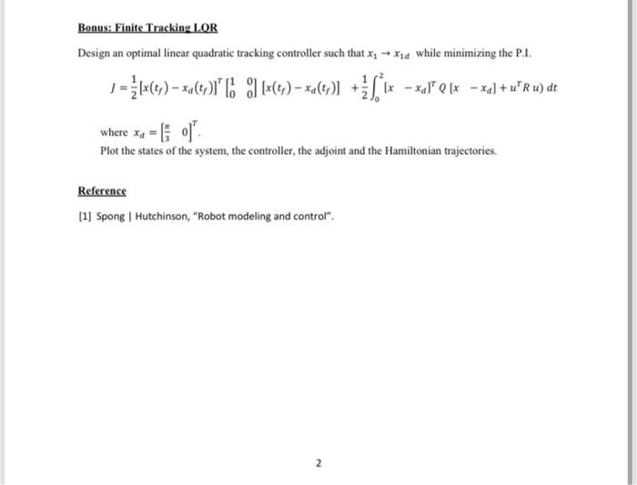 Solved Bonus: Finite Tracking LQR Design an optimal linear | Chegg.com