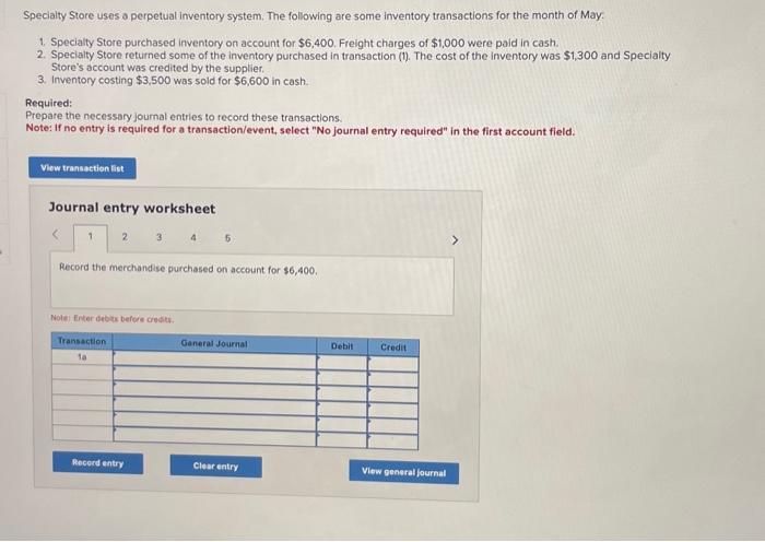 Solved Specialty Store uses a perpetual inventory system. | Chegg.com