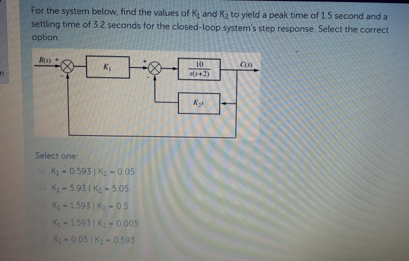 Solved For the system below, find the values of Ki and K2 to | Chegg.com