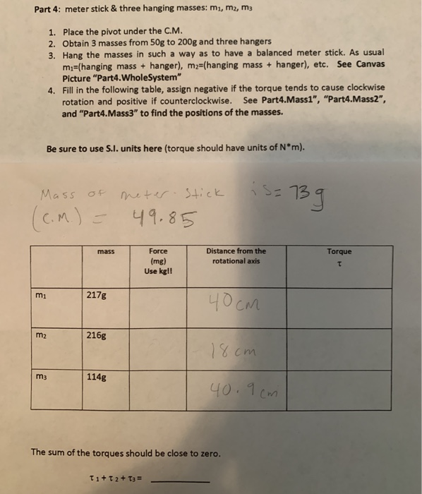 Solved Part 4: meter stick & three hanging masses: mi, m2, | Chegg.com