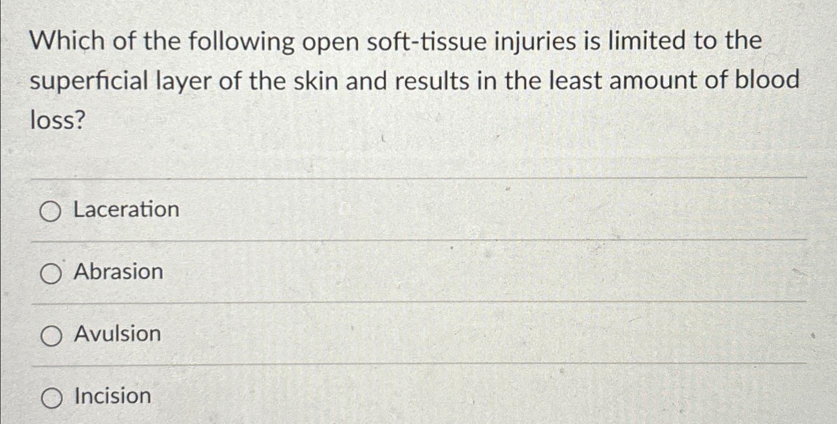 Solved Which of the following open soft-tissue injuries is | Chegg.com