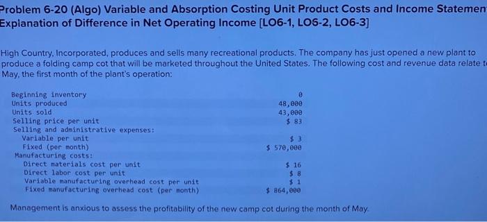 Solved Problem 6-20 (Algo) Variable and Absorption Costing | Chegg.com