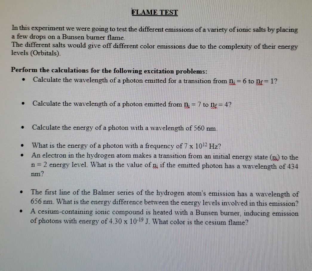 Solved FLAME TEST In this experiment we were going to test | Chegg.com