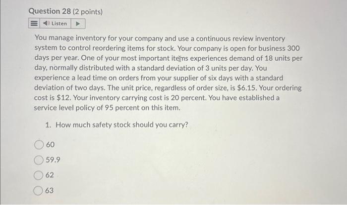 You manage inventory for your company and use a | Chegg.com