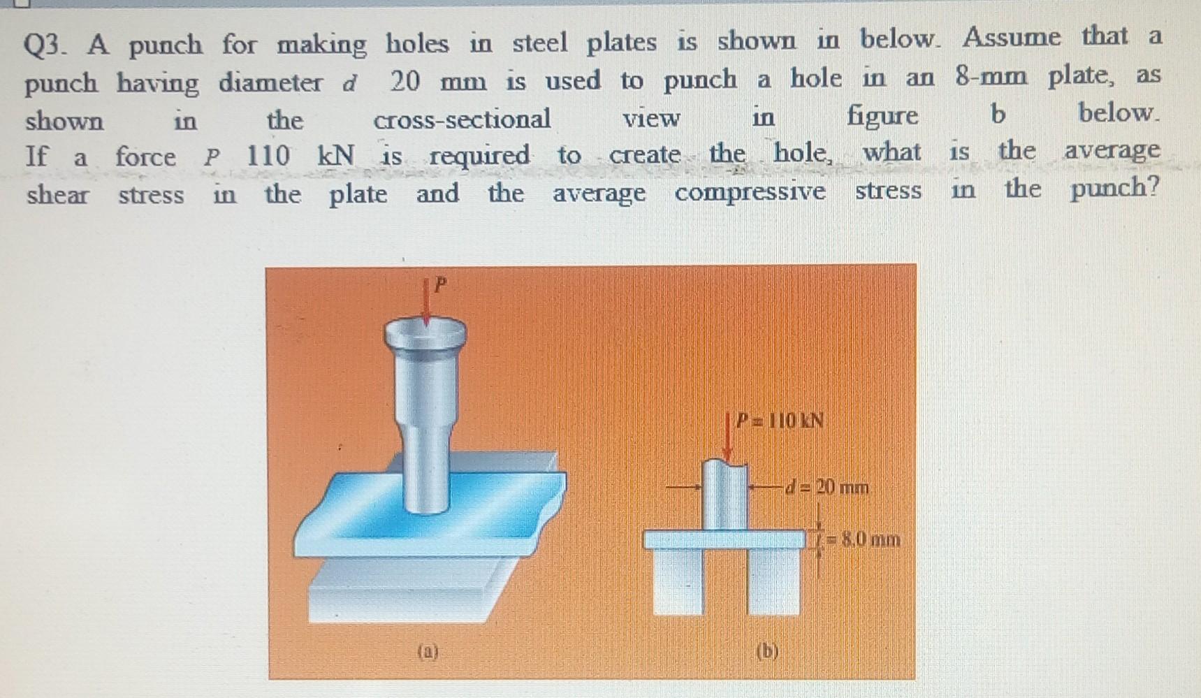 Solved Q3. A punch for making holes in steel plates is shown | Chegg.com