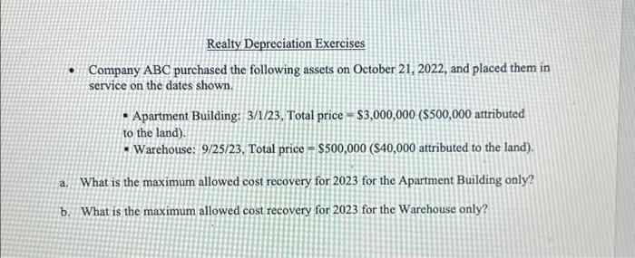 Solved Realty Depreciation Exercises - Company ABC purchased | Chegg.com