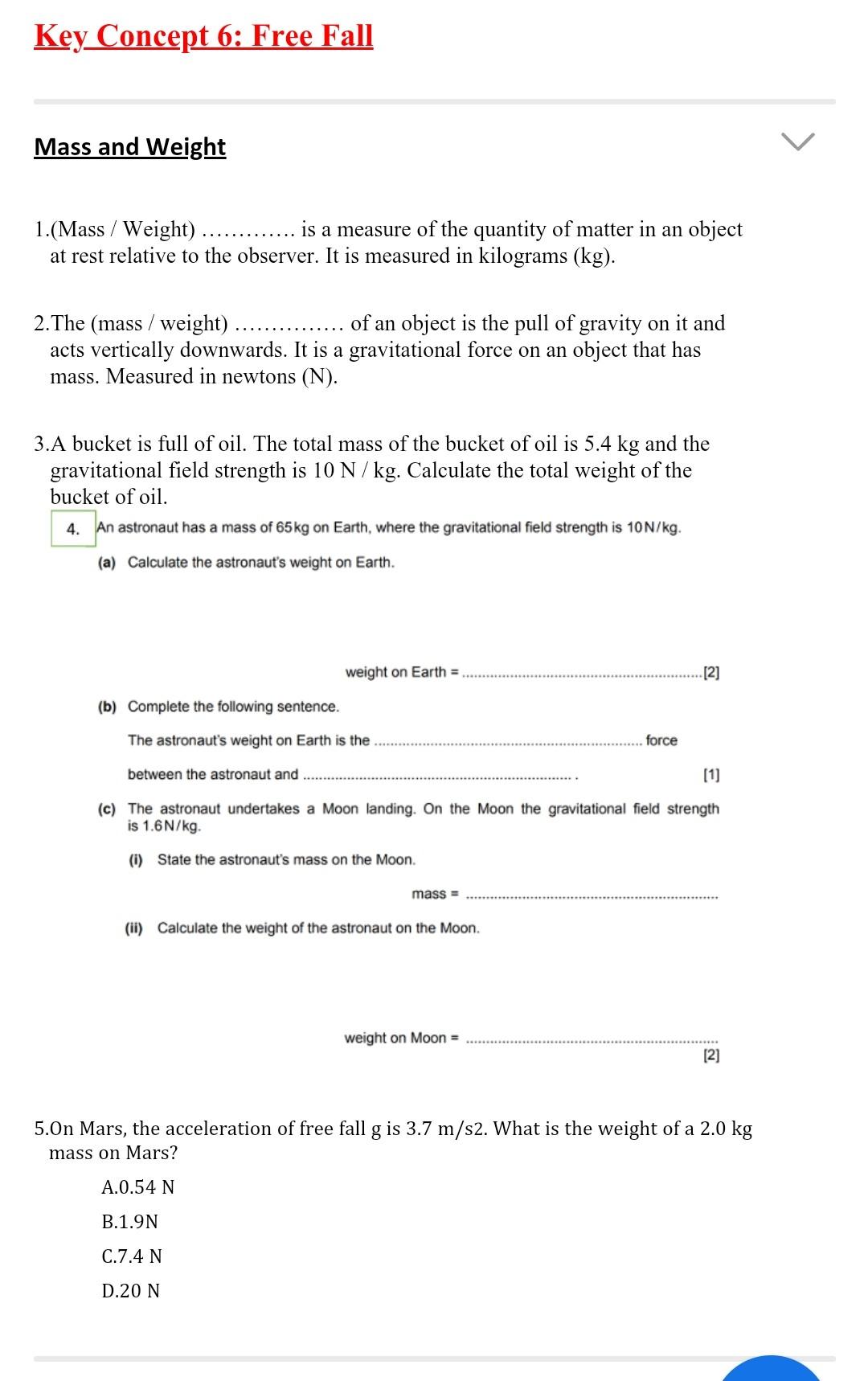 Solved Key Concept 6: Free Fall Mass and Weight 1.(Mass / | Chegg.com