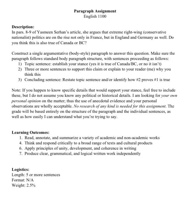 Paragraph Assignment English 1100 Description: In | Chegg.com