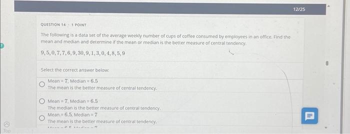 Solved QUESTION 14 - I POINT The following is a data set of | Chegg.com