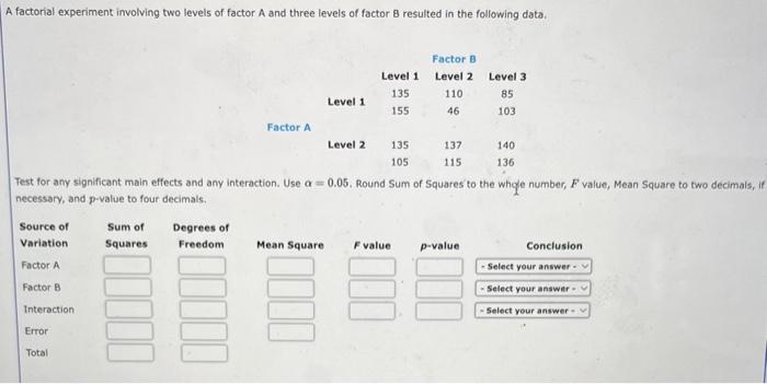 Solved A factorial experiment involving two levels of factor | Chegg.com