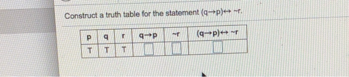 Solved Construct a truth table for the statement (q-p) -r (q | Chegg.com